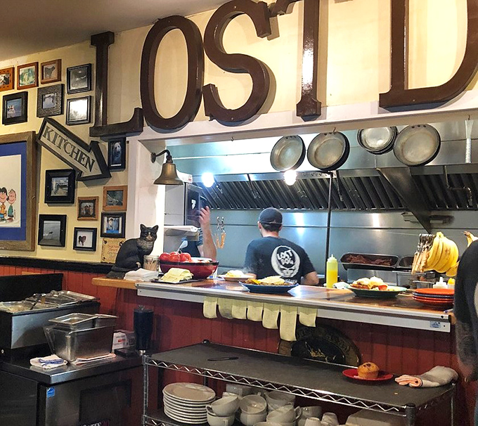 A glimpse into the kitchen magic&mdash;and is that a cafe cat supervisor I spot? Even the cooking area celebrates the dog theme.