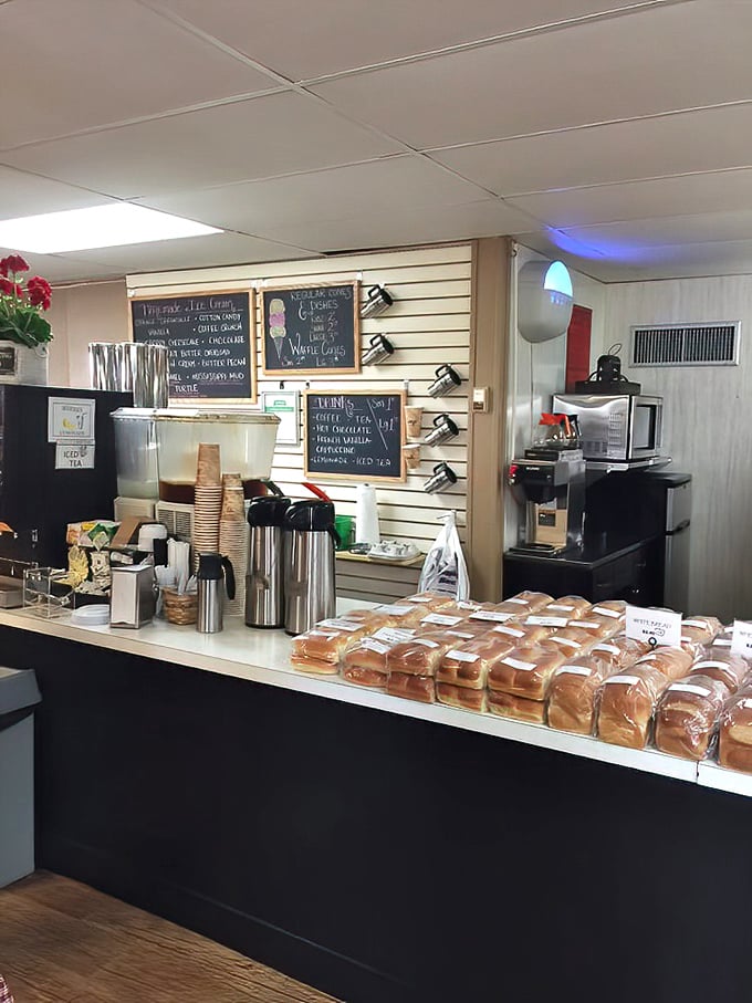 The coffee station stands ready for action, with freshly baked bread lined up like soldiers awaiting deployment to hungry homes across Pennsylvania.