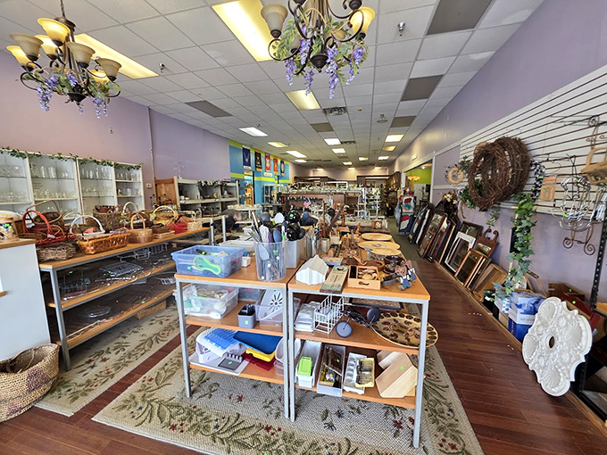 Chandeliers dangle above an organized chaos of household items—a jewelry box of domestic possibilities spread out for browsing.