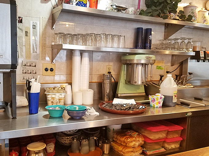 Behind-the-scenes glimpse of the kitchen counter—organized chaos where diner dreams are assembled with well-worn efficiency.