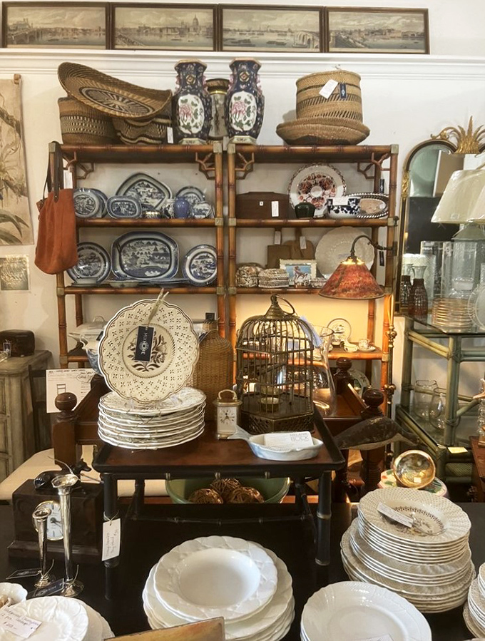A bamboo-inspired shelving unit showcases blue and white china that would make Martha Stewart swoon with collector's envy.