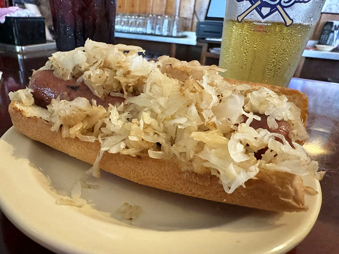 The kraut dog&mdash;where German tradition meets American ballpark classic. That pile of sauerkraut adds the perfect tangy crunch to each bite.