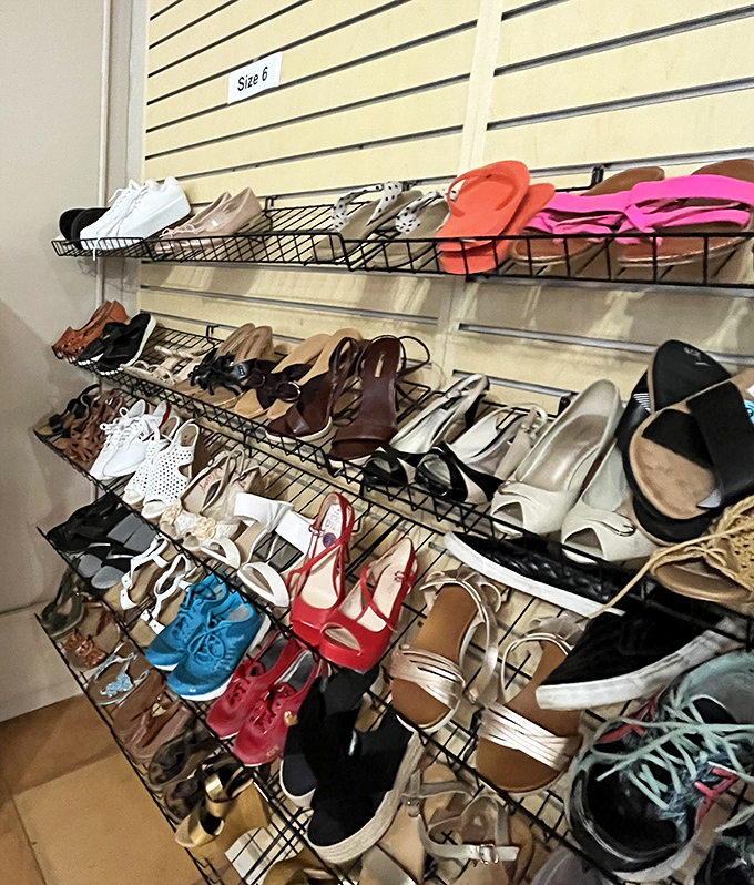 Footwear displays organized by size, where Cinderella's slipper search would've been much more budget-friendly and successful.