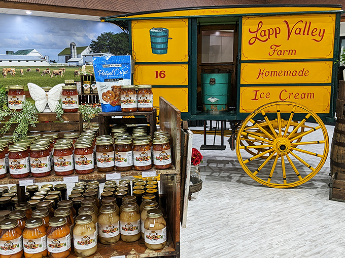 The farm store's colorful array of jars and homemade goods tells the story of Lancaster County's agricultural heritage one product at a time.