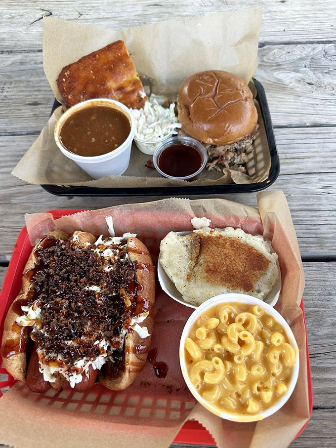 A tray that tells the whole Eli's story&mdash;cornbread that looks like sunshine, pulled pork with bark bits, and mac and cheese that's unapologetically yellow.