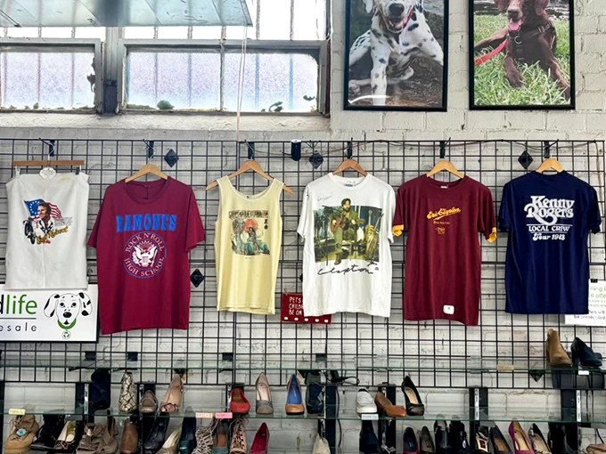 Vintage tees tell stories of concerts attended, places visited, and fandoms embraced. Each shirt is a conversation starter hanging above shoes ready for their next dance.
