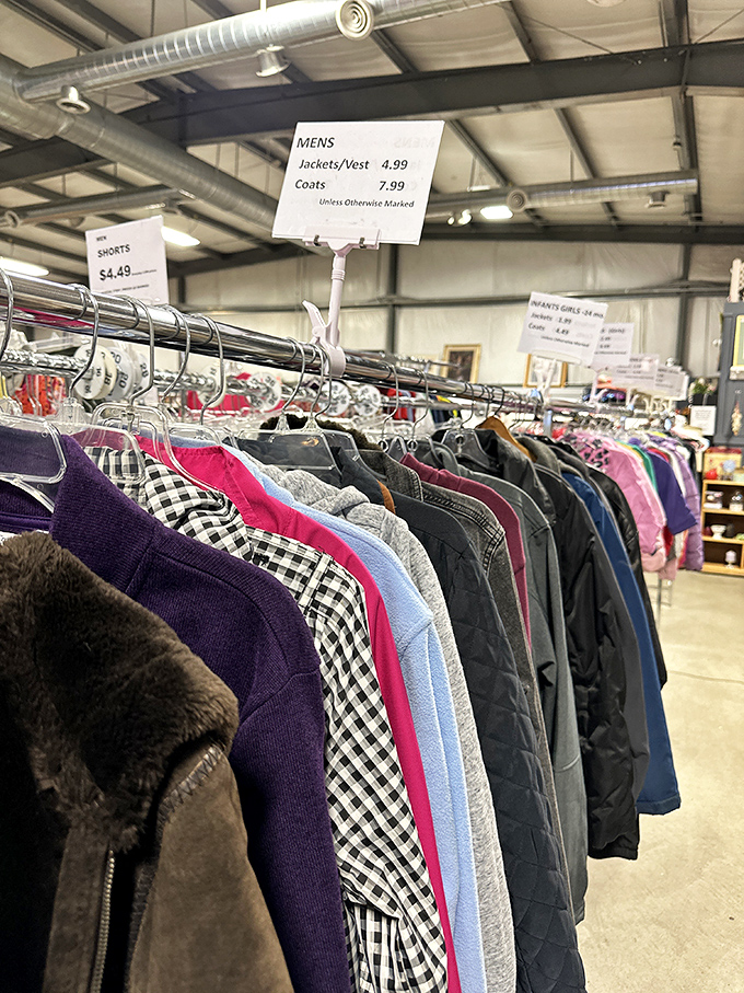 Men's jackets and coats for under $8? The sign doesn't lie, and neither does that impressive selection of patterns and styles.