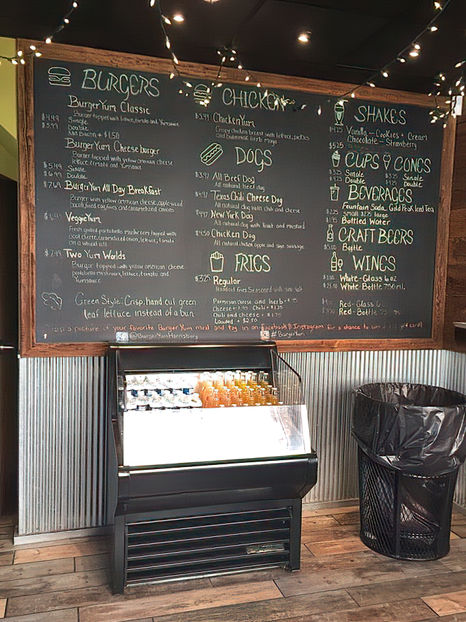 A menu board that cuts through the noise&mdash;no QR codes, no apps, just chalk and choices. String lights add that touch of everyday magic.