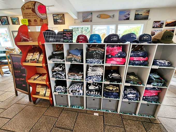 The merch corner&mdash;because sometimes you need a souvenir to remember exceptional meals. That Sea Harvest cap might become your lucky fishing hat.