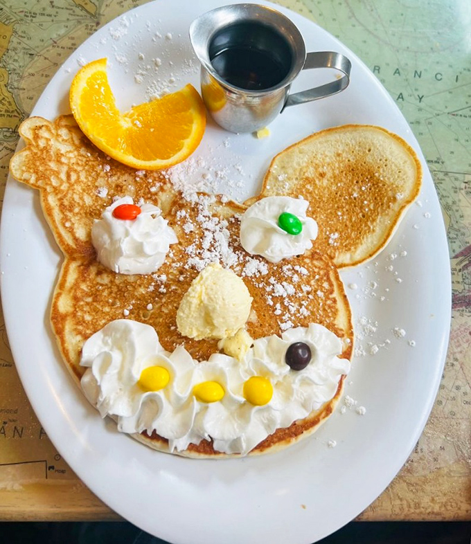 Mickey would be flattered by this pancake interpretation &ndash; a childhood memory served with grown-up coffee and a sprinkle of powdered nostalgia.