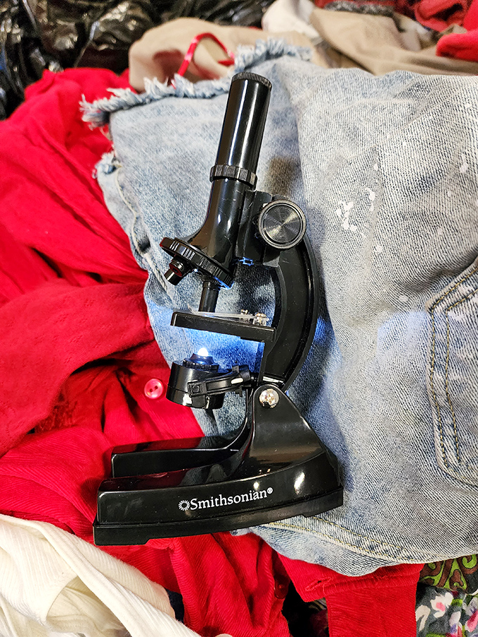 A Smithsonian microscope nestled among fabric finds. Someone's science class castoff becomes another's gateway to backyard discoveries and kitchen table experiments.