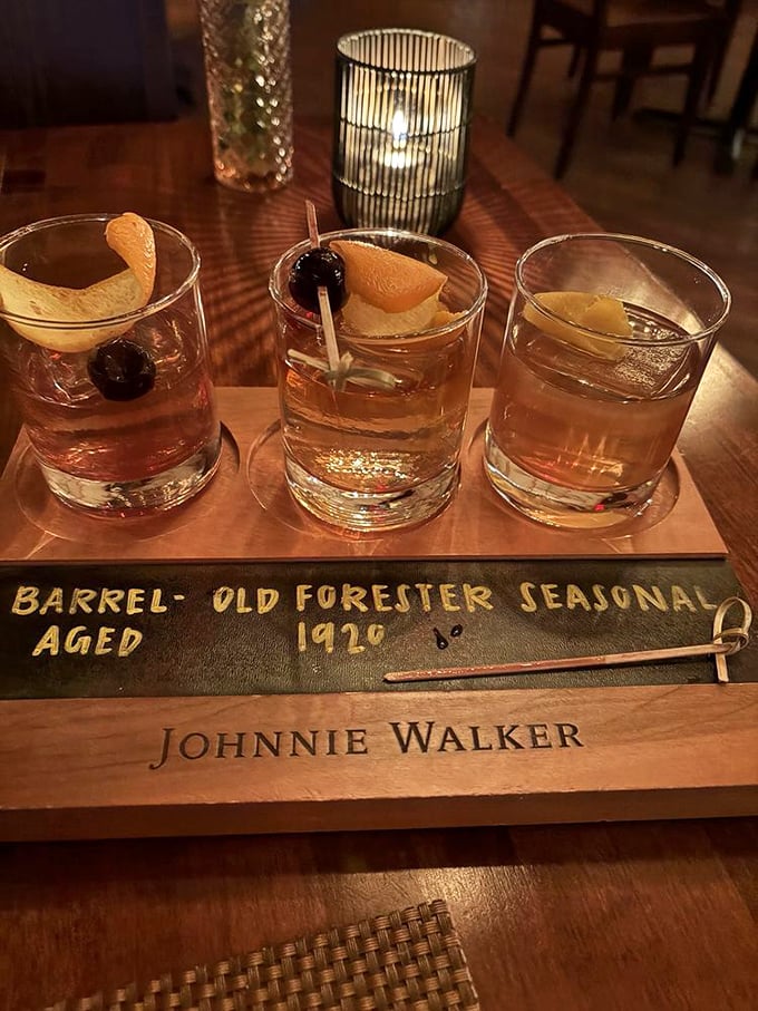 The whiskey flight that launched a thousand conversations. Old Forester never looked so distinguished in its wooden presentation.