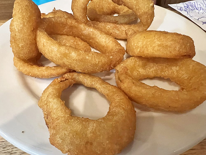 Onion rings golden enough to make Olympic medals jealous of their perfect circular achievement here.