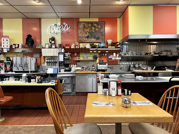 The open kitchen design isn't trendy here&mdash;it's practical. Nothing to hide when you're doing breakfast right for decades.