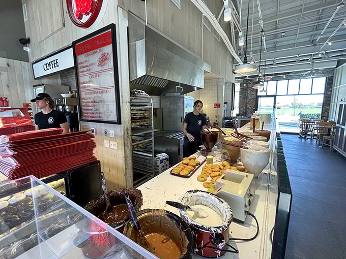 Behind the scenes where magic happens. Watching donuts being born is like peeking behind the curtain at the Wizard of Oz.