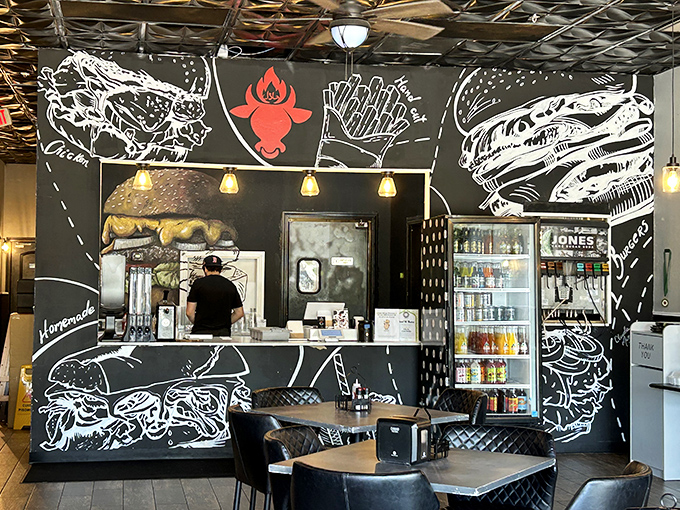 Food art meets function with wall illustrations that tell you exactly what you're in for&mdash;a seriously good burger experience.