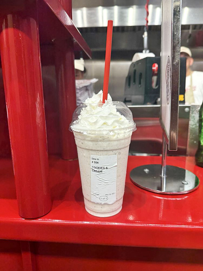The Cookies & Cream shake topped with whipped cream&mdash;thick enough to require serious straw strength but worth every effort.