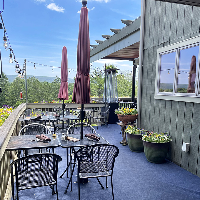 The outdoor deck doesn't just offer seating &ndash; it delivers a panoramic feast for your eyes while your taste buds wait their turn.