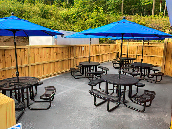 Outdoor seating where the Pennsylvania breeze carries conversations and the scent of home fries. Blue umbrellas provide shade for serious eating business.