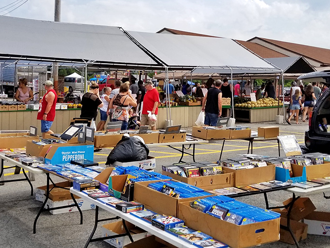 The outdoor section offers everything from fresh produce to vintage media, proving that sunshine makes even bargain hunting more enjoyable.