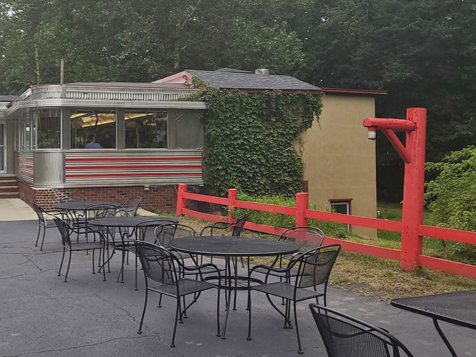 When Pennsylvania weather cooperates, this outdoor patio offers fresh air with your fresh coffee, framed by the diner's iconic silver and red exterior.