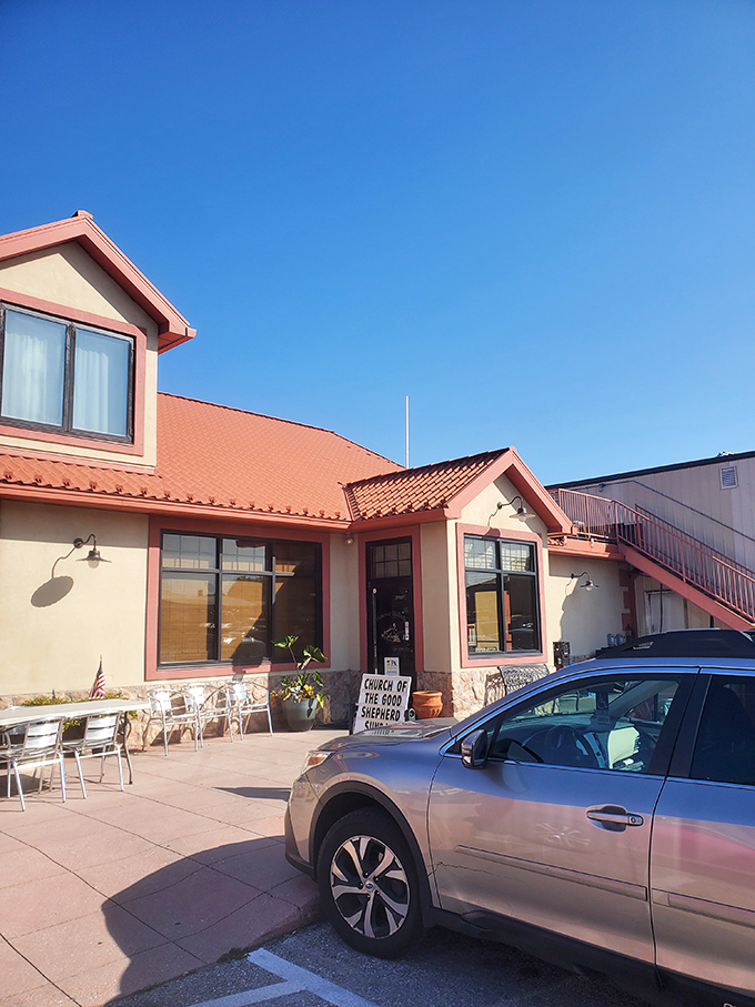 The patio offers a sun-drenched alternative for your feast. That distinctive orange roof provides a splash of color against Pennsylvania's blue skies.