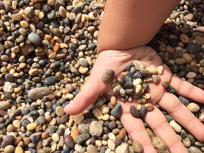 Nature's jewelry box: these polished pebbles have been tumbled to perfection by the Pacific's persistent waves, each one a pocket-sized souvenir of geological magic.