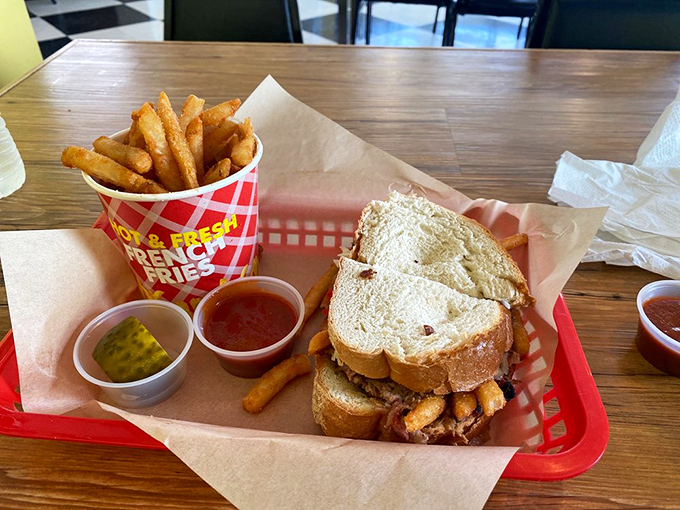 Simple pleasures: A sandwich, fries, and the knowledge that paper towels, not fancy napkins, are the only appropriate accessory here.