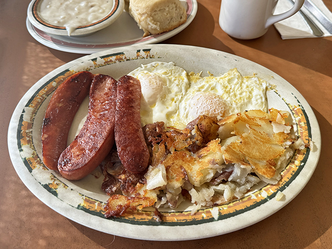 Polish sausage and eggs create breakfast harmony, proving that some combinations are simply meant to be together forever.