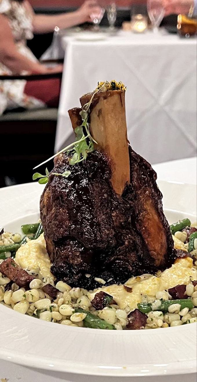 This pork shank stands tall and proud, the bone a dramatic exclamation point to a dish that's both rustic and refined.