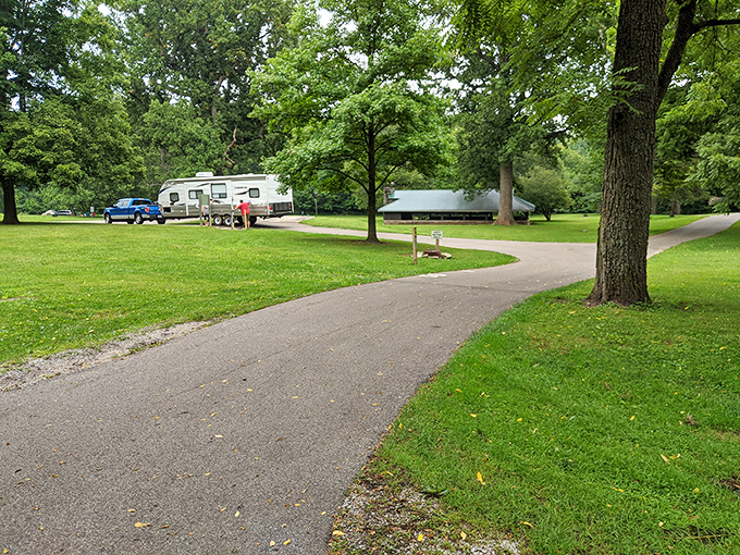 The RV camping area offers civilization's comforts while still being close enough to nature to hear owls instead of traffic.