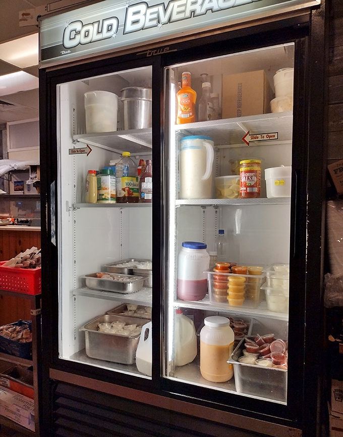 This refrigerator holds the building blocks of Southern cuisine &ndash; where homemade dressings and fresh ingredients wait their turn.