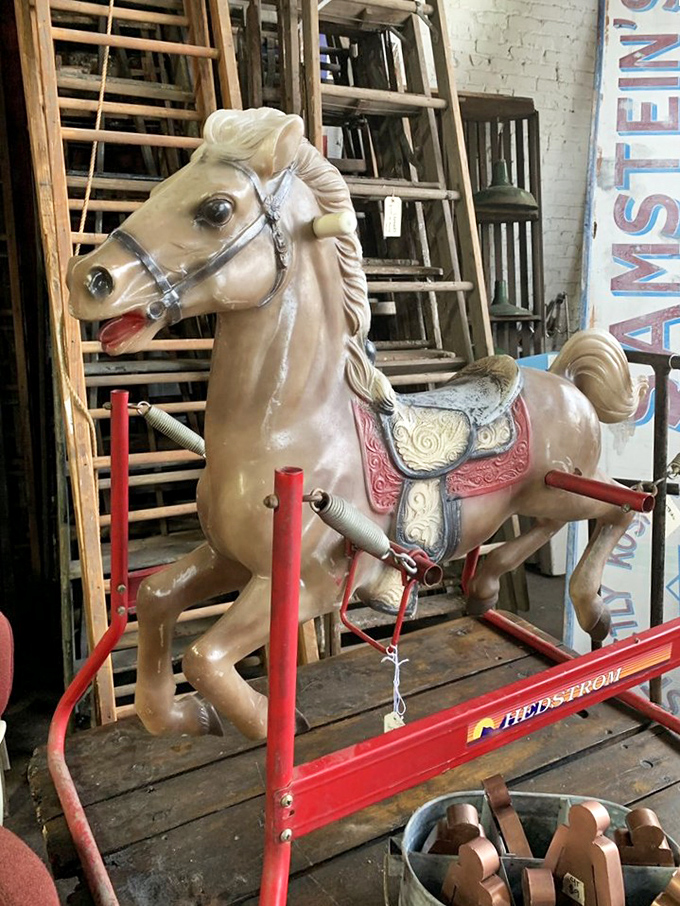 Not just a carousel refugee—this vintage rocking horse carries generations of joy. Those painted eyes have witnessed countless childhood adventures.