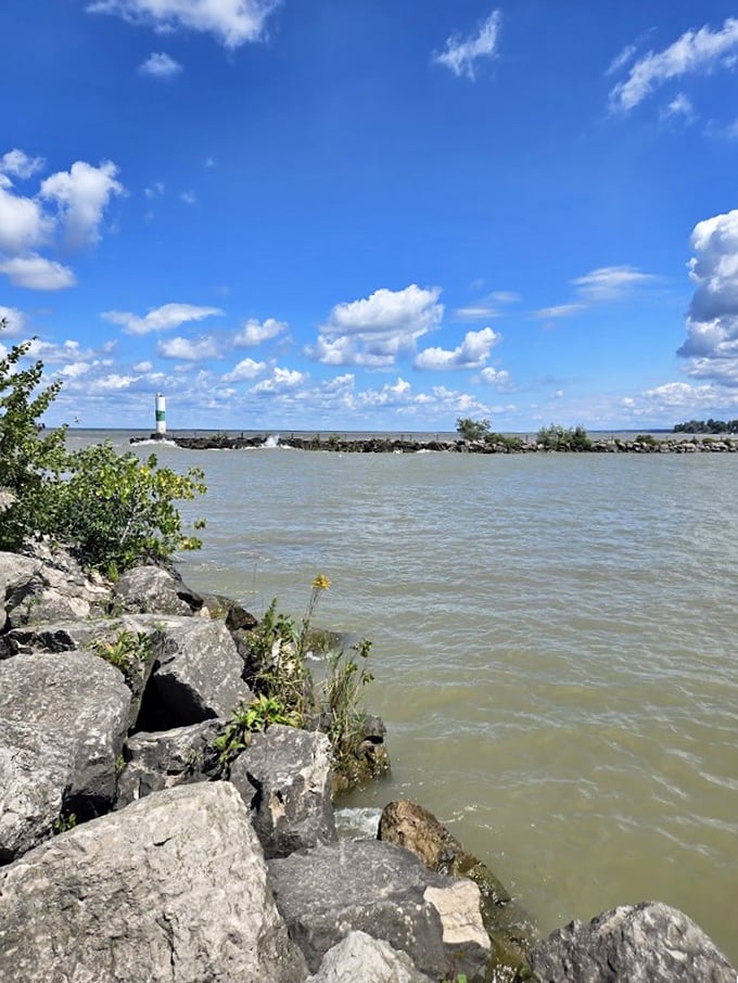 The breakwater's rocky spine protects the harbor while offering photographers that perfect lighthouse-in-the-distance shot.