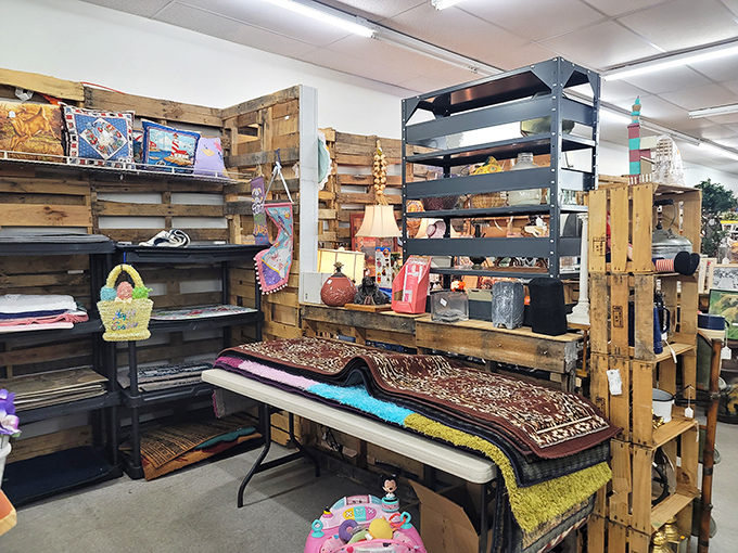 Pallets transformed into display genius. That leopard print bench and colorful rugs are just waiting to become someone's "where did you find THAT?" conversation piece.