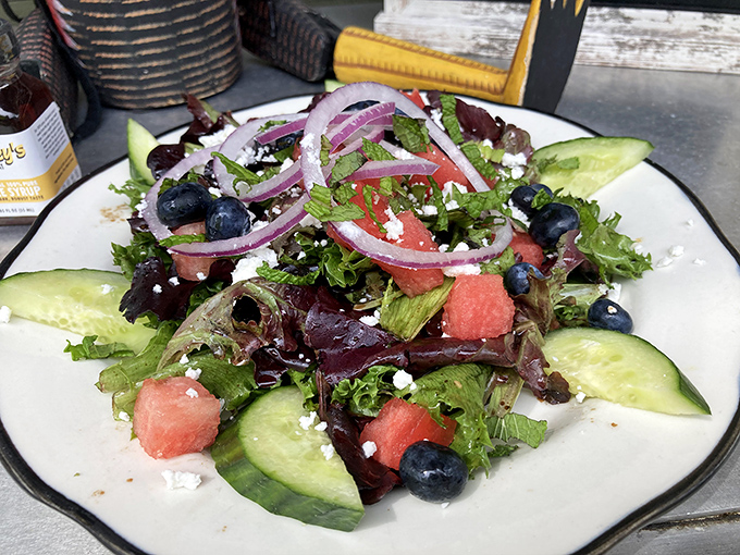 A summer salad that actually satisfies &ndash; watermelon, blueberries, and feta creating the kind of harmony that makes vegetarians smug.