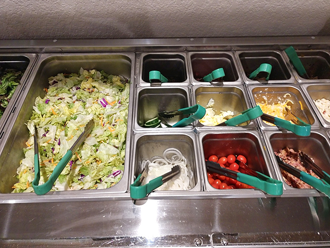 Fresh fixings await at the toppings bar. Even the vegetables get special treatment at a place that understands balance in the BBQ universe.