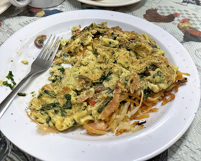 When vegetables join the breakfast party, they dress up in eggs and cheese. Even health food looks indulgent here.