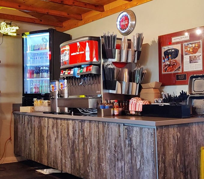 The drink station&mdash;where sweet tea flows like liquid gold and Diet Coke provides the perfect palate-cleansing bubbles between bites.