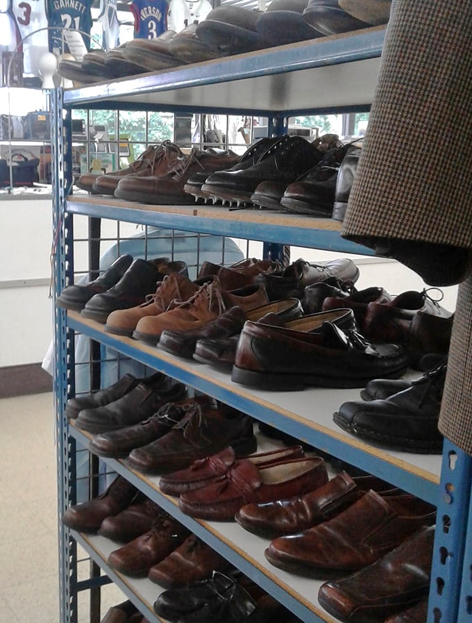 The shoe section &ndash; a leather landscape of barely-broken-in loafers and well-loved work boots, each pair with miles of stories to tell.