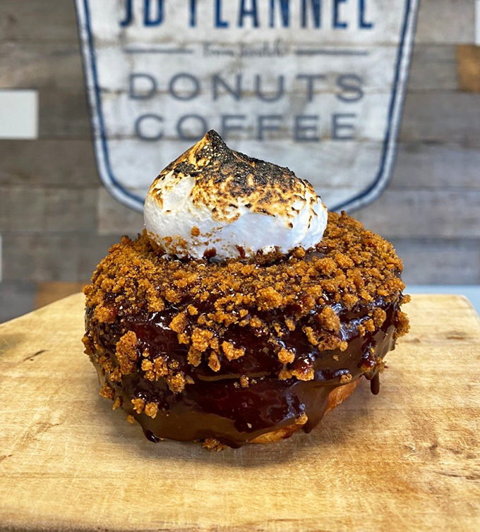The s'mores donut that would make Boy Scouts jealous. Campfire nostalgia meets pastry perfection in this toasted marshmallow masterpiece.