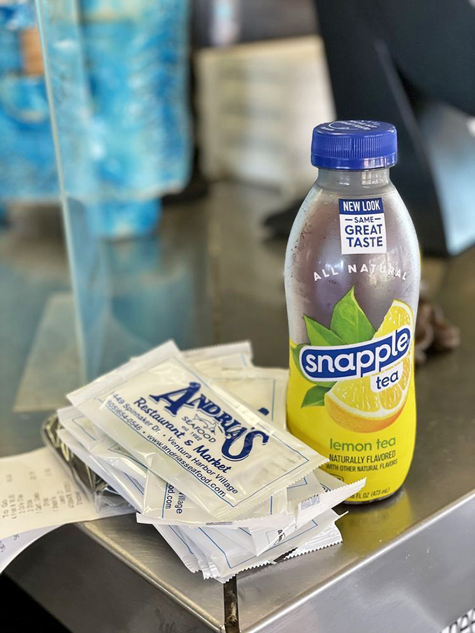 Even the Snapple knows it belongs at a proper seafood feast by the harbor.