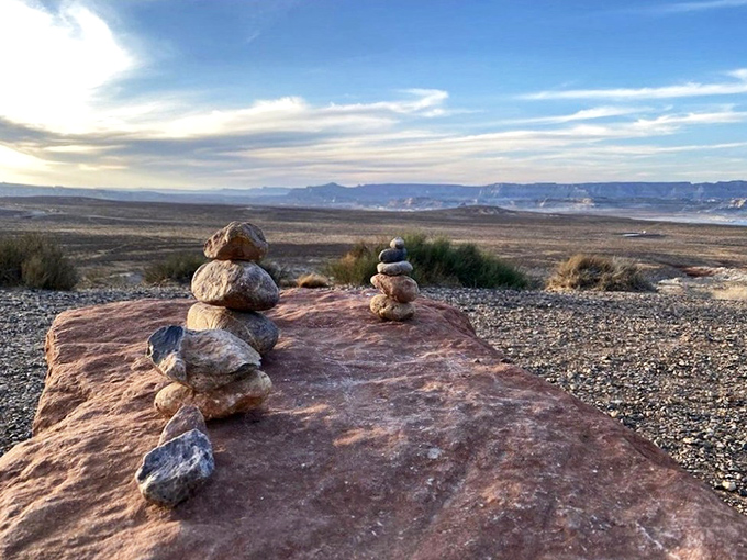 Travelers leave their mark with balanced stones, creating temporary sculptures that say, "I was here and couldn't help but play with rocks."