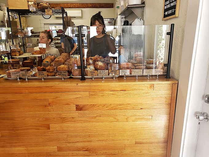 The display case: where dreams and diets go to battle. Notice how the staff arranges each pastry like museum curators handling delicate artifacts.