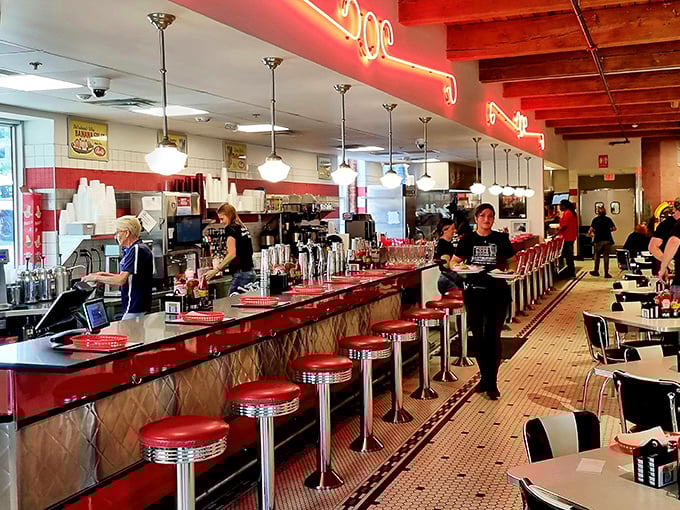 The counter—where solo diners find community, regulars have "their spot," and the soda fountain magic happens before your eyes.