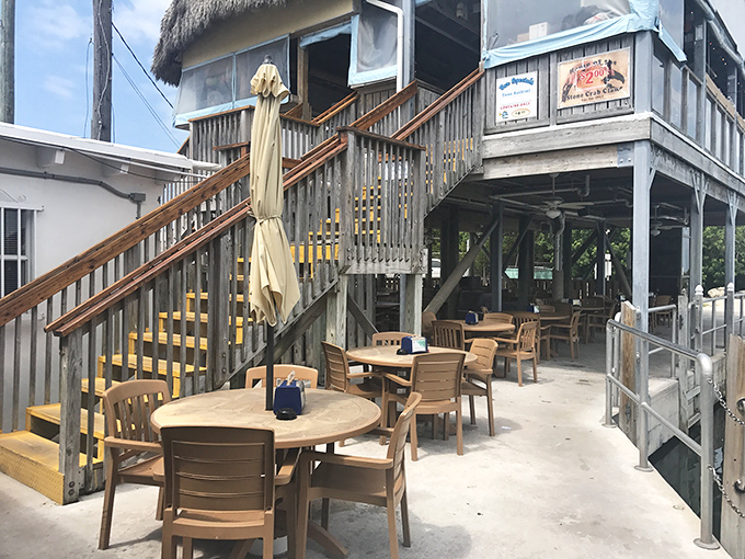 Weathered wood stairs leading to more dining possibilities. In the Keys, even the architecture tells you to slow down and enjoy the journey.