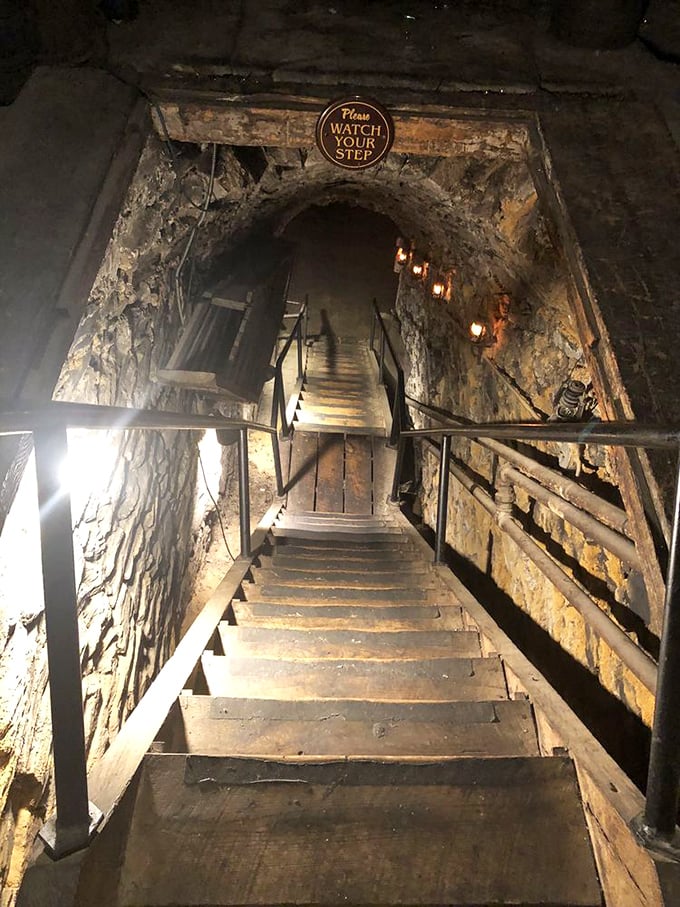 "Watch your step" indeed&mdash;these wooden stairs descend into the legendary Catacombs, where dining adventures happen 43 feet below the streets of Mount Joy.