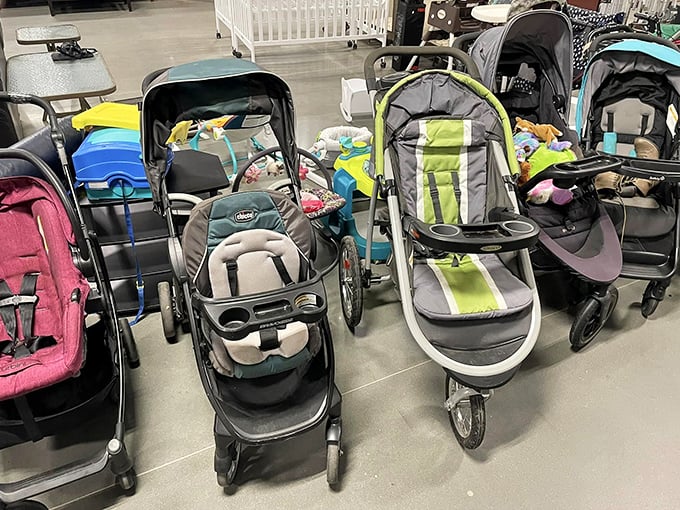 The stroller brigade stands at attention, ready for second acts with new families after their first owners survived the toddler years.
