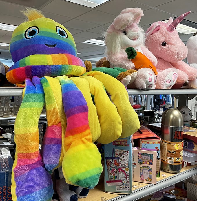 Plush pals waiting for new homes &ndash; that rainbow octopus has clearly seen some things and is ready to tell tales in a child's imagination.