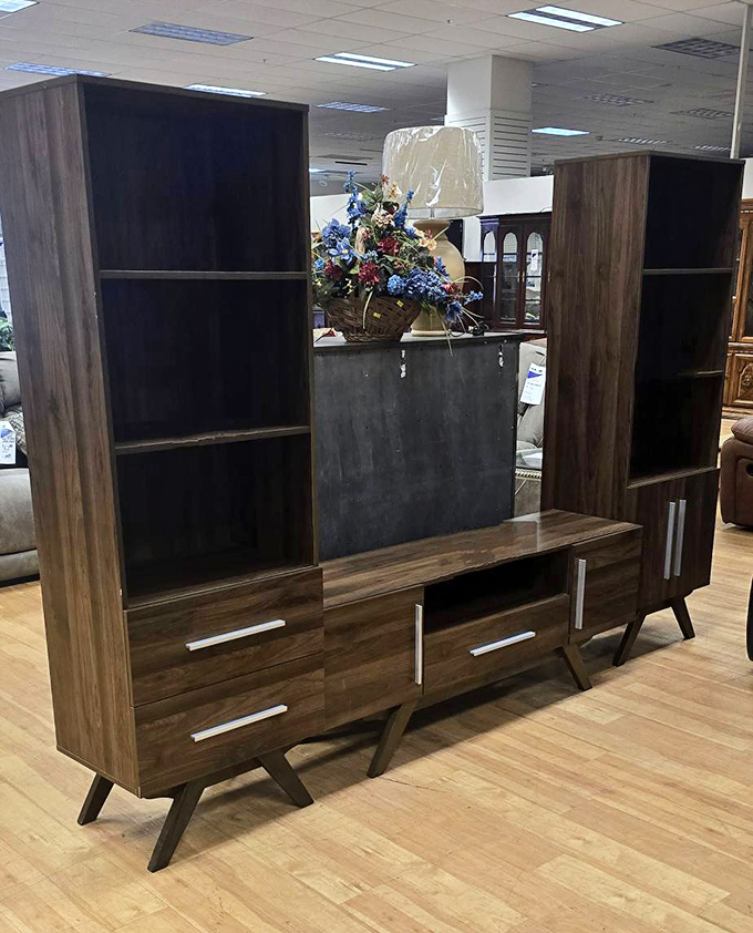 Mid-century modern meets contemporary convenience in this entertainment center. Your flat-screen would look right at home here.